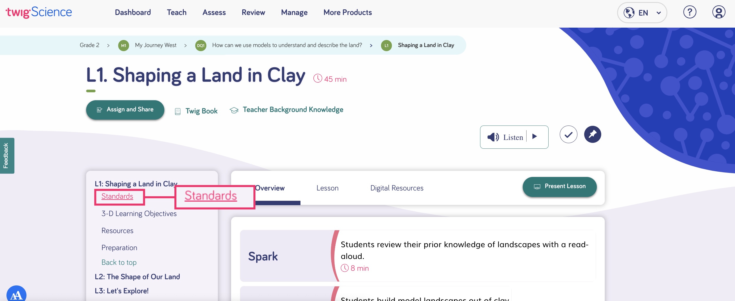 Twig Elementary: Viewing standards for a lesson – Imagine Classroom
