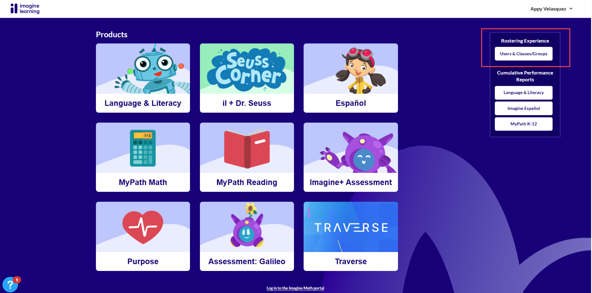 Switching between products in the Imagine Learning Product Portal ...